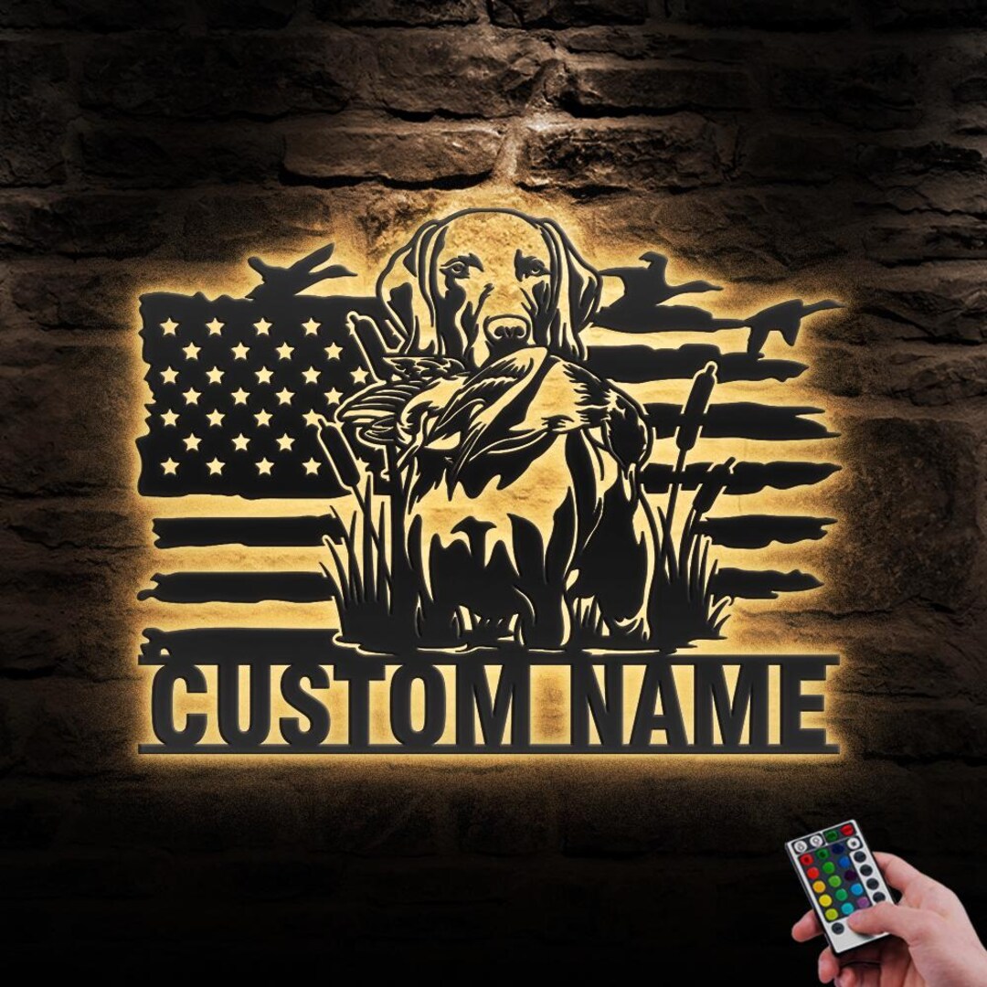 Custom Dog Hunting US Flag Metal Wall Art LED Light Personalized Hunter ...