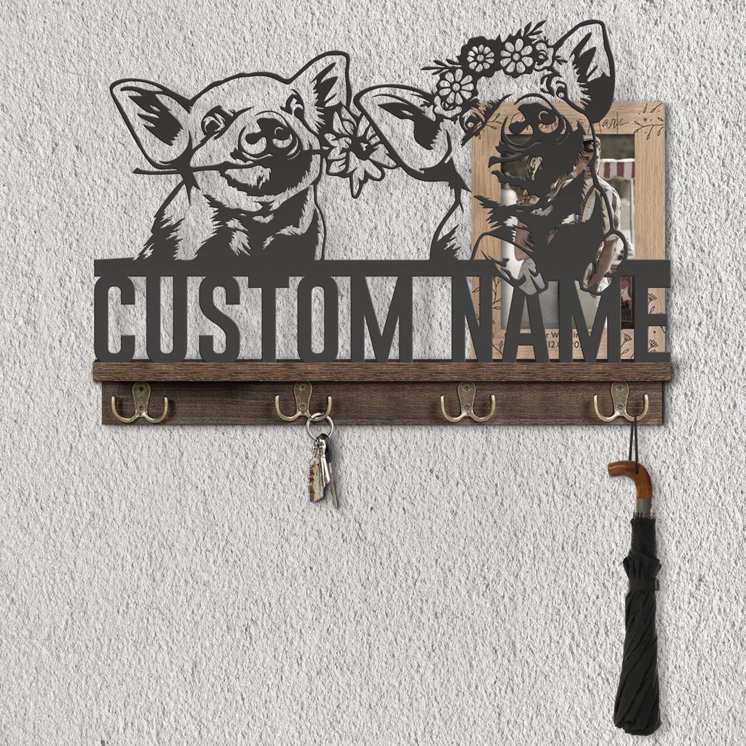 Custom Couple Pig Wooden Metal Floating Shelf With Hooks Personalized ...