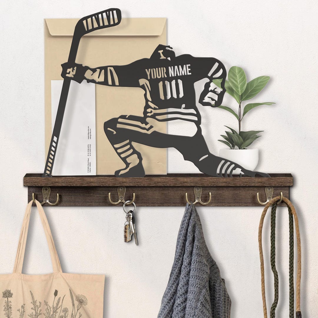 Custom Hockey Player Wooden Floating Shelf Hook Metal Wall Art Sign ...