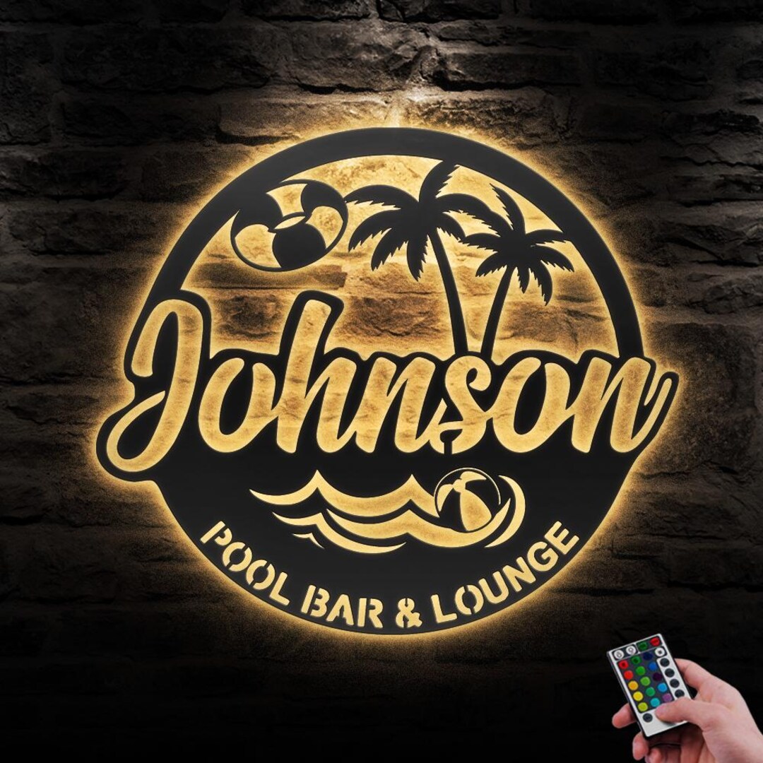 Custom Palm Tree Pool Family Metal Wall Art LED Light Personalized ...