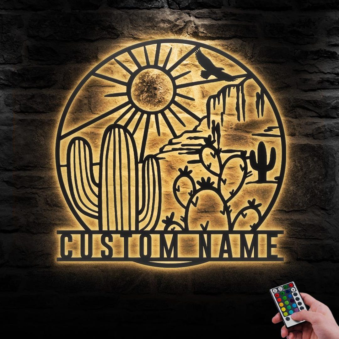 Custom Cactus Desert Mountain Metal Wall Art LED Light Personalized ...