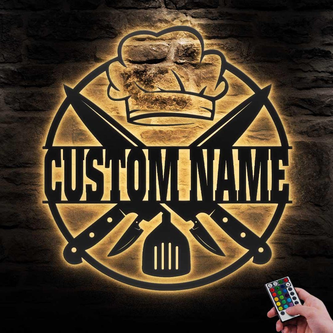 Custom Chef Logo Metal Wall Art LED Light Personalized Backyard Cooking ...