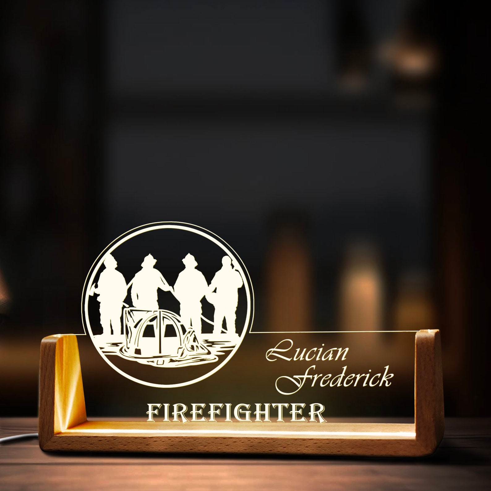 Custom Firefighter Desk Name Plate Personalized Fireman LED Light ...
