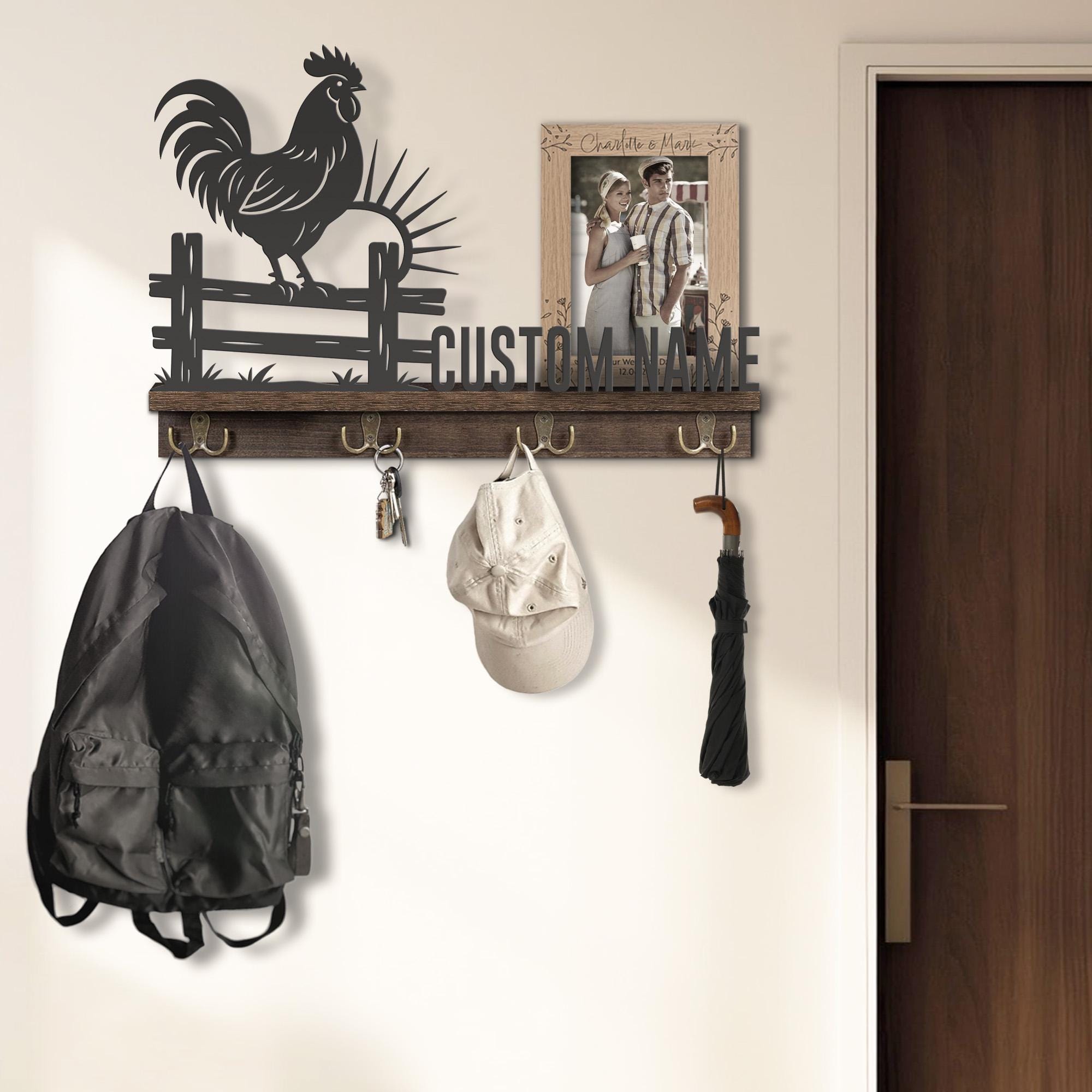 Custom Rooster Wooden Metal Wall Floating Shelf With Hook Personalized ...
