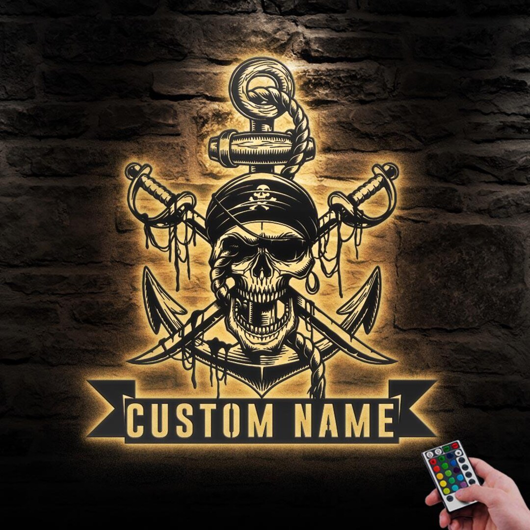 Custom Pirate Skull Swords Anchor Metal Wall Art LED Light Personalized ...