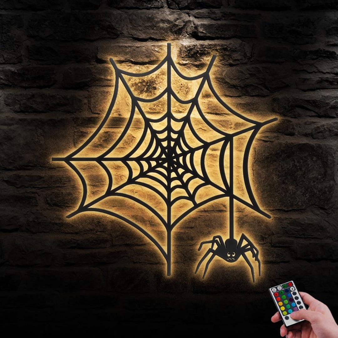 Halloween Spider Metal Wall Art Led Light Creepy Spider Web Sign ...