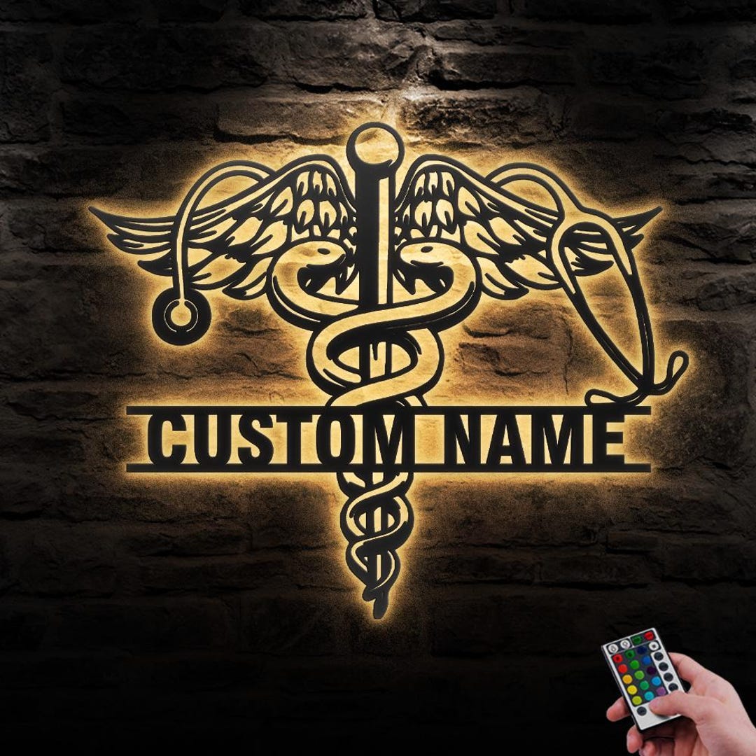 Custom Medical Symbol Caduceus MD Star Nursing Metal Wall Art LED Light ...
