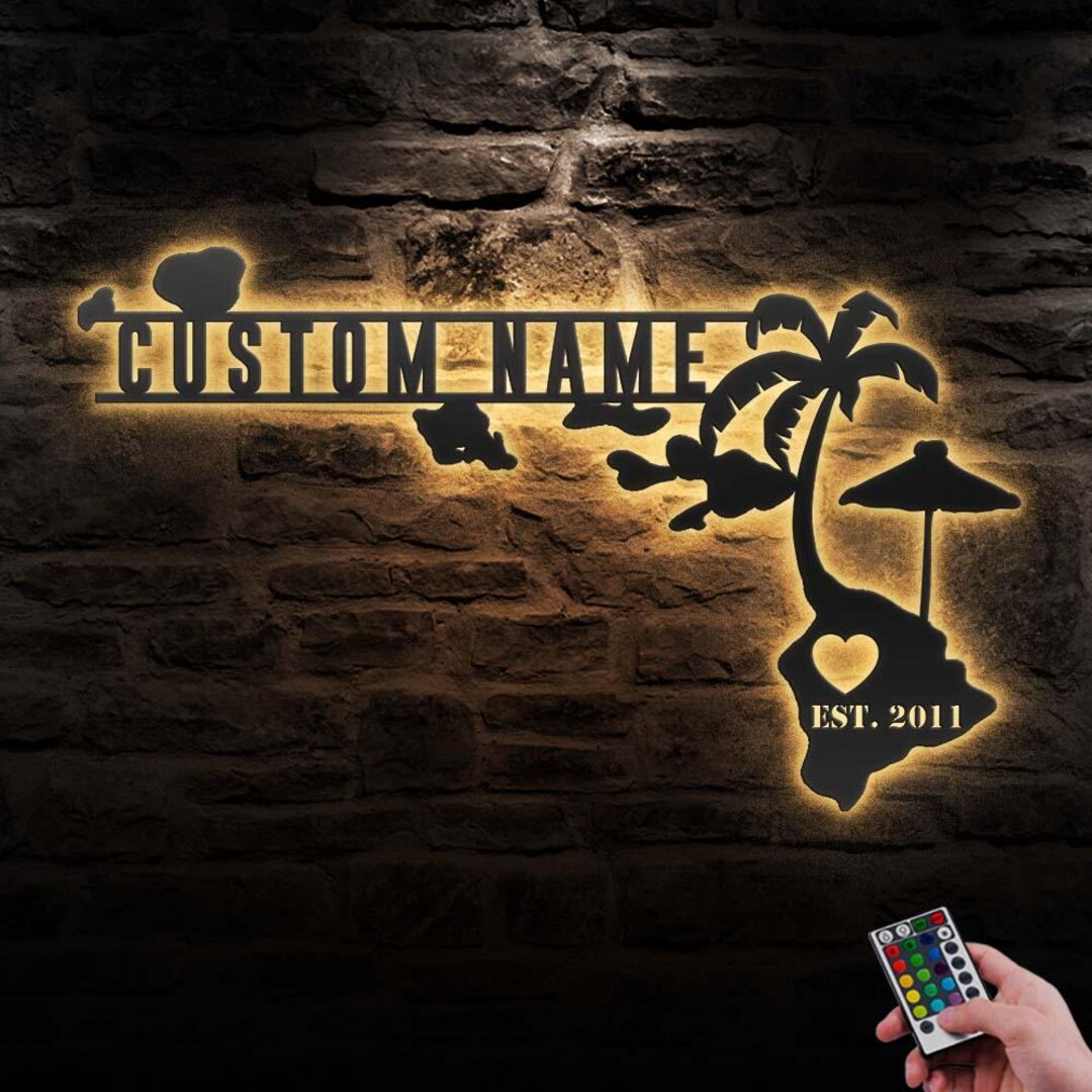 Custom Hawaii Map Metal Wall Art LED Lights Personalized Hawaii State ...