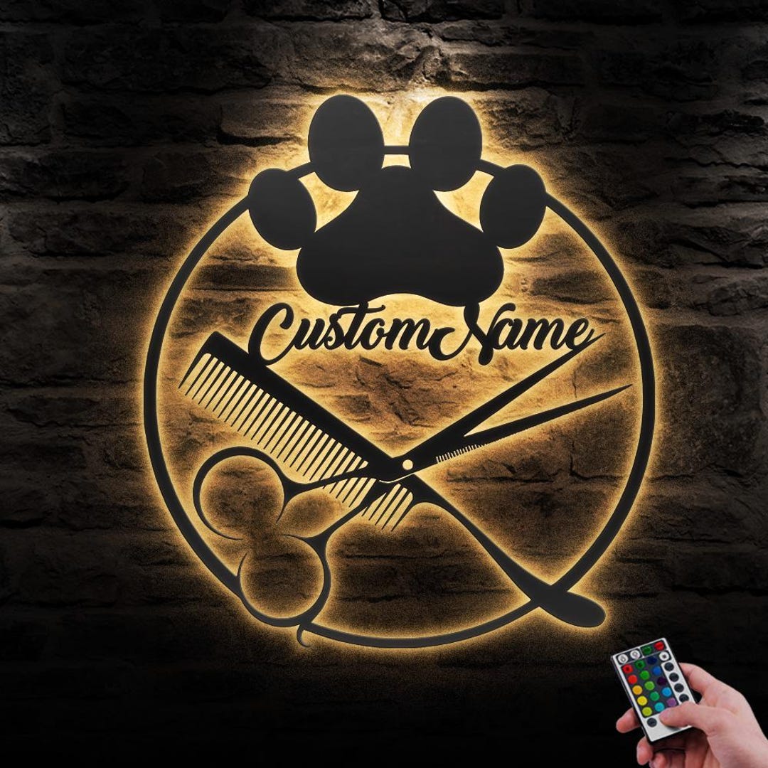 Custom Dog Grooming Hair Salon Metal Wall Art LED Light Personalized ...