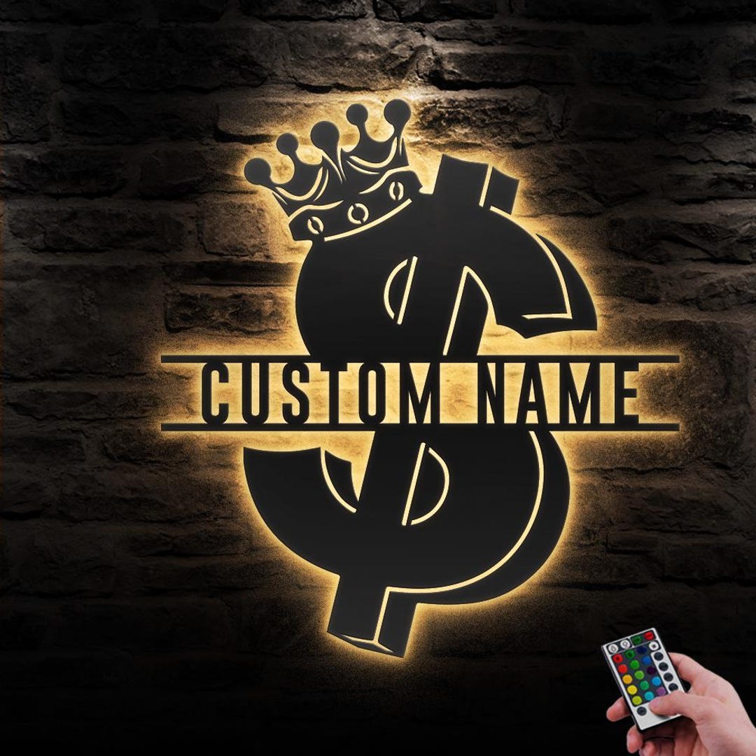 Custom Dollar Money Symbol Metal Wall Art LED Light Personalized ...