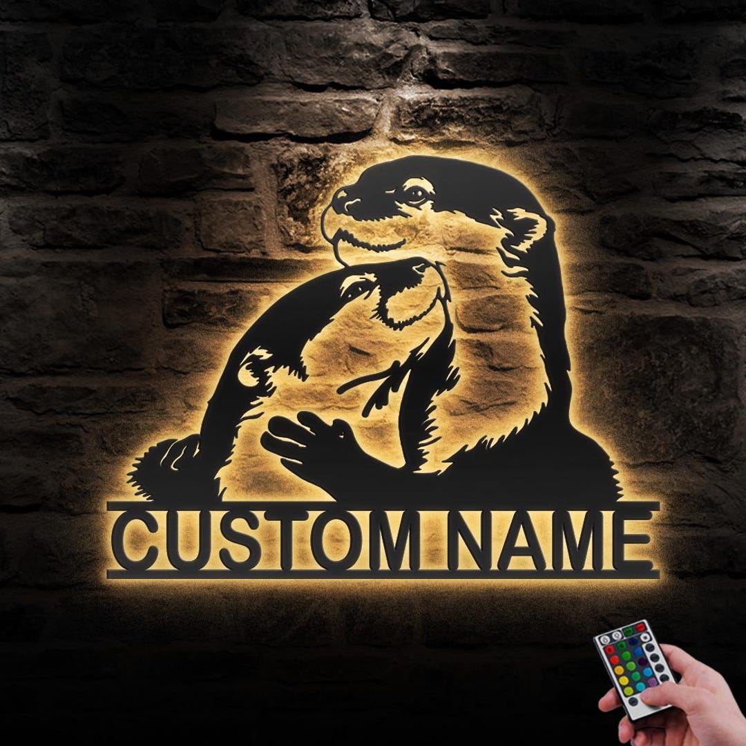 Custom Heart Couple Otter Metal Wall Art LED Light Personalized Otter ...