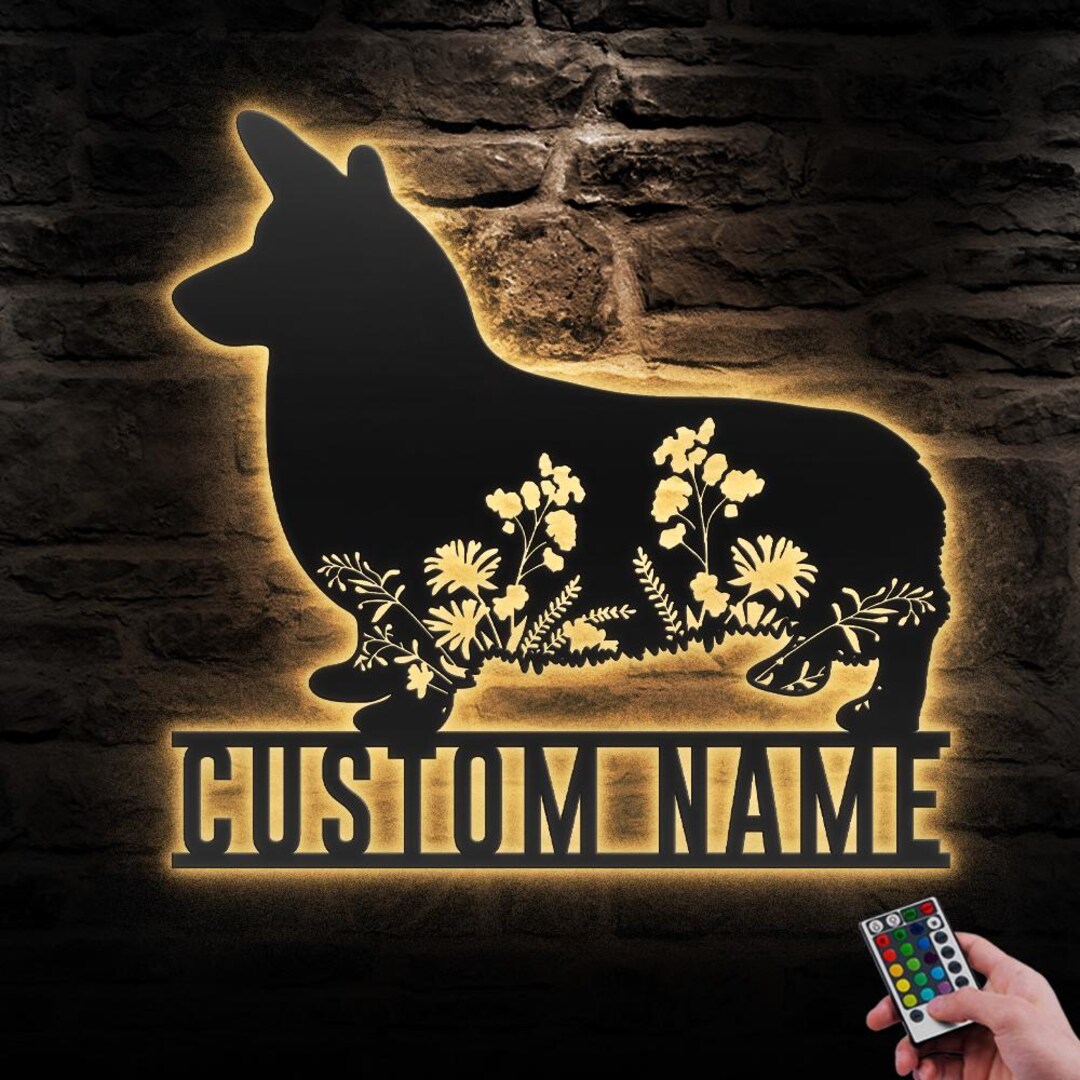 Custom Floral Pembroke Welsh Corgi Metal Wall Art LED Light ...