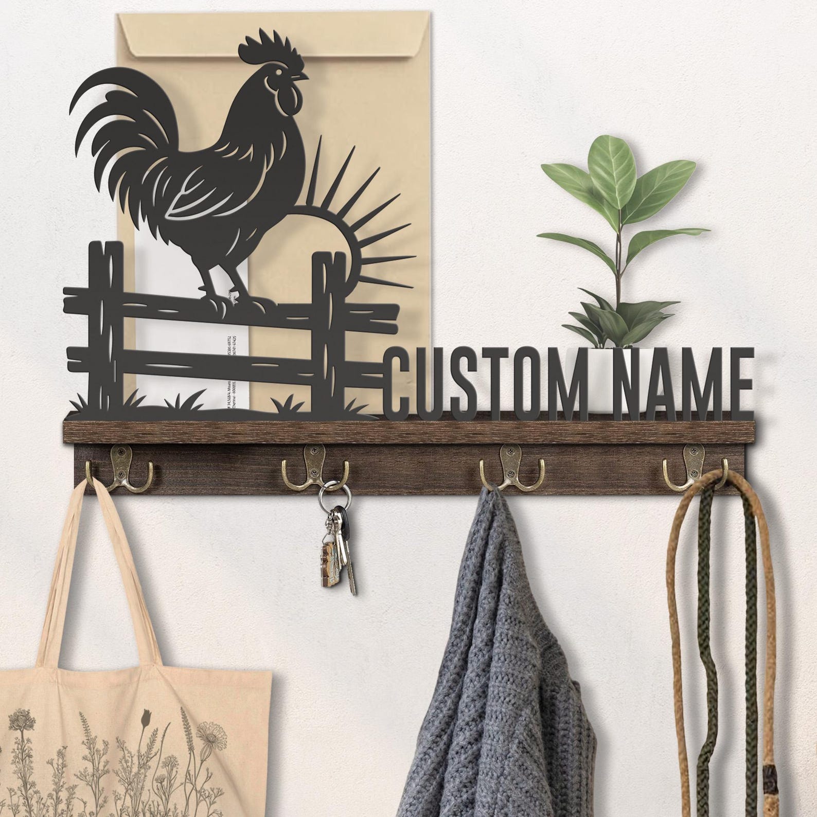 Custom Rooster Wooden Metal Wall Floating Shelf With Hook Personalized ...