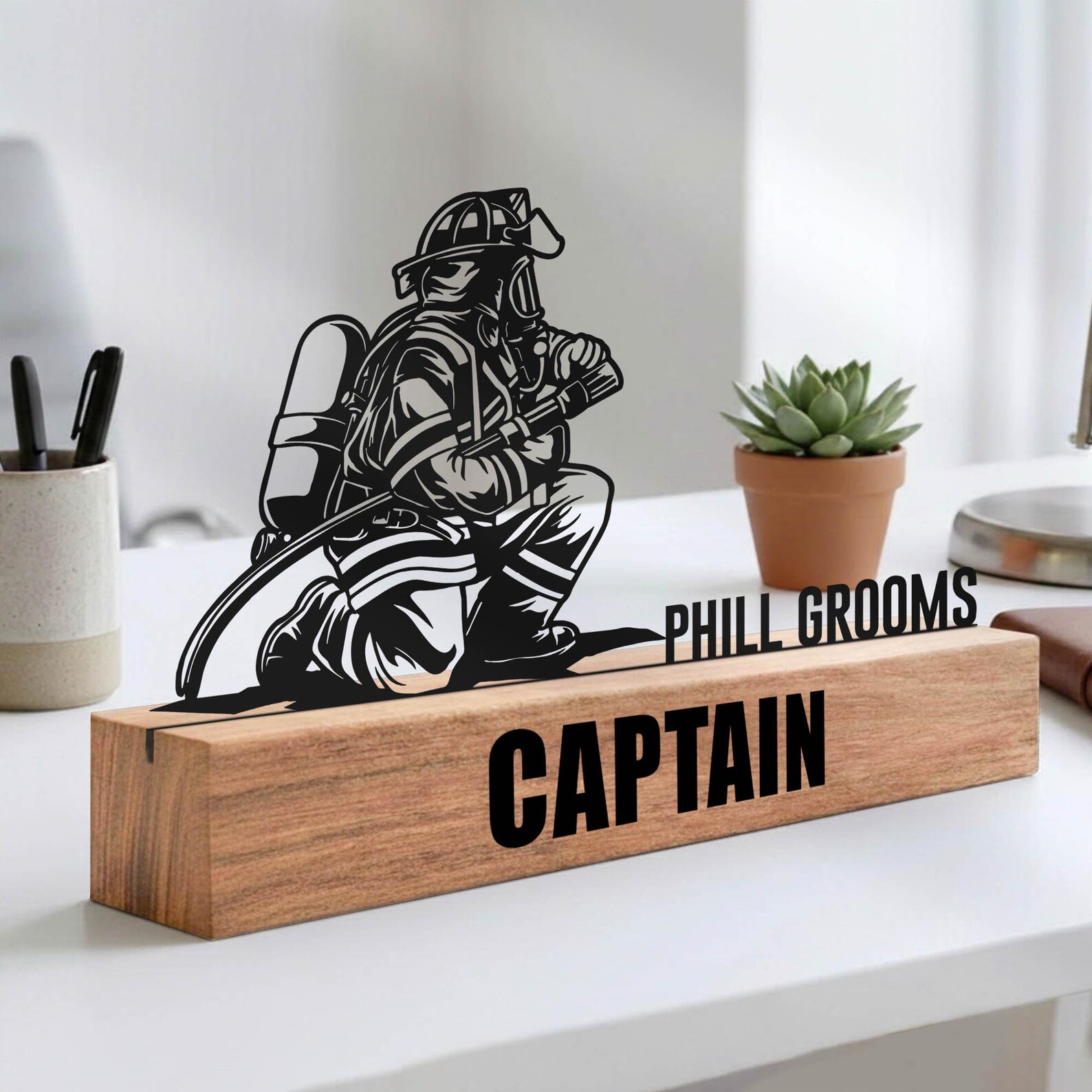 Custom Firefighter Desk Name Plate Wedge Personalized Fireman Nameplate ...