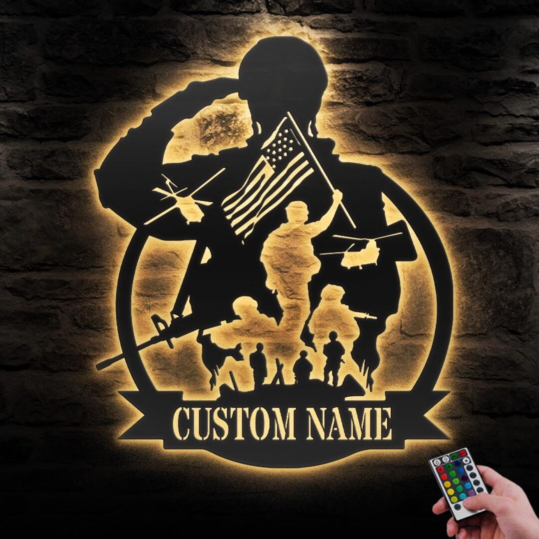 Custom US Soldier Military Metal Wall Art LED Light Personalized ...