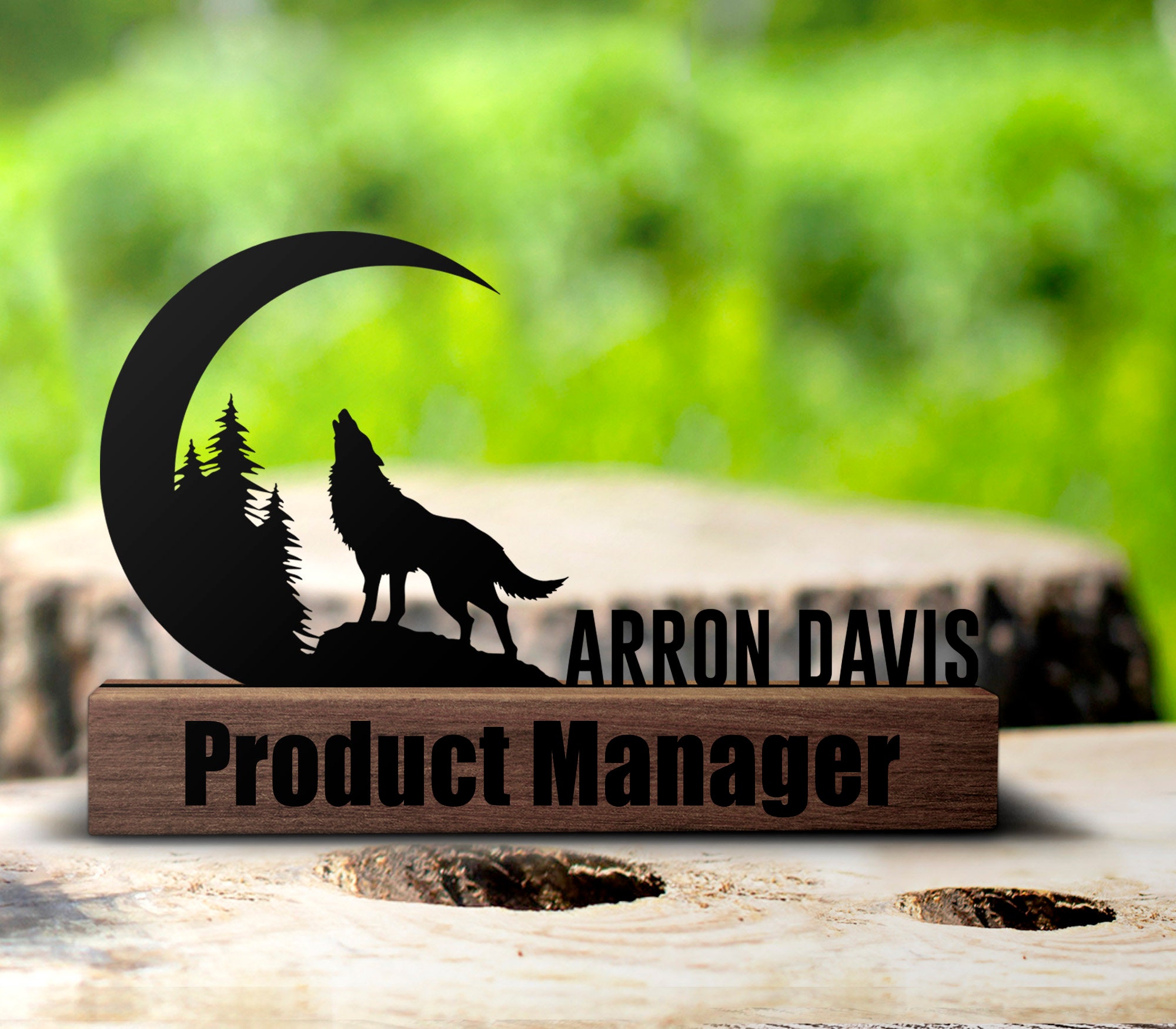 Custom Howling Wolf on the Moon Desk Name Plate Wedge Personalized ...
