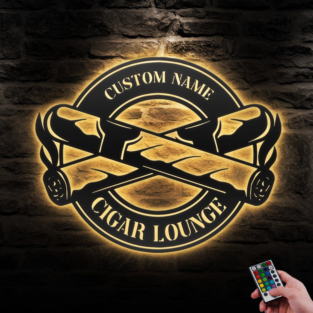 Custom Cigar Lounge Metal Wall Art LED Light Personalized Smoking Cigar ...