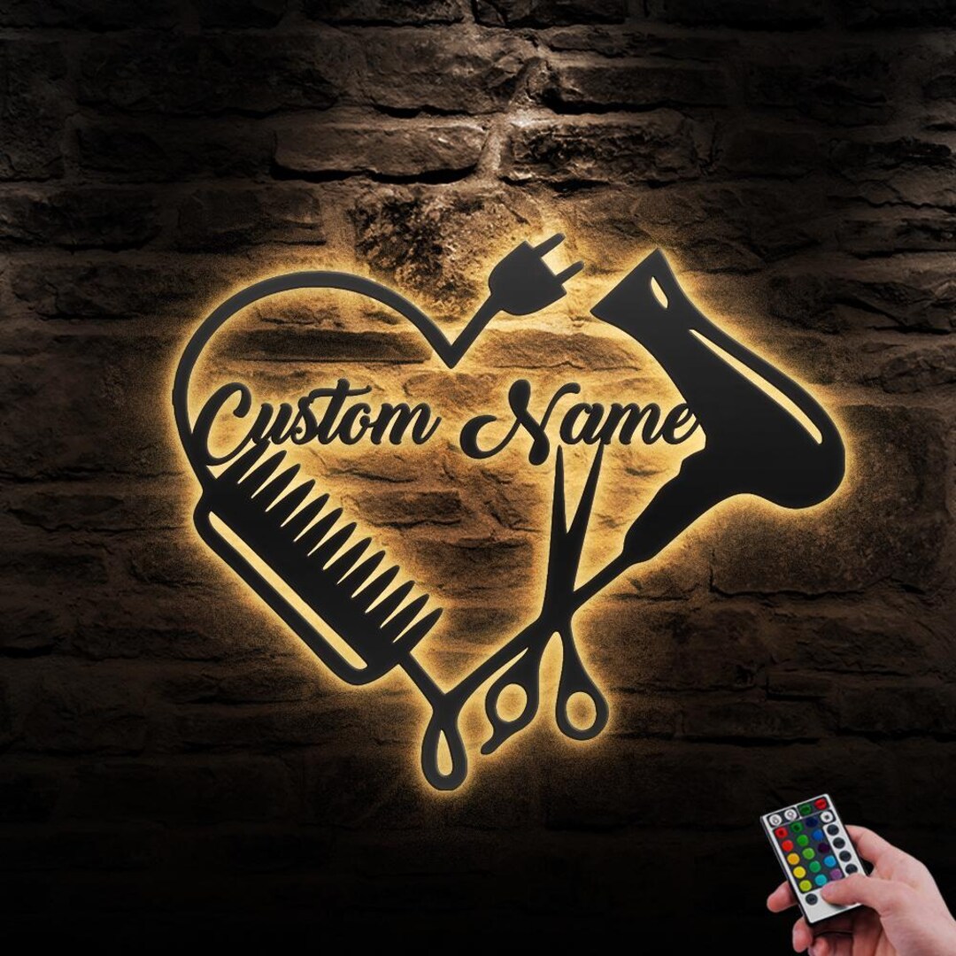 Custom Hair Salon Heart Monogram Metal Wall Art LED Light Personalized ...