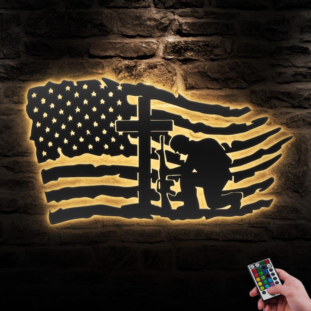 US Soldier Kneeling Praying at Memorial Cross Metal Wall Art Led Light ...