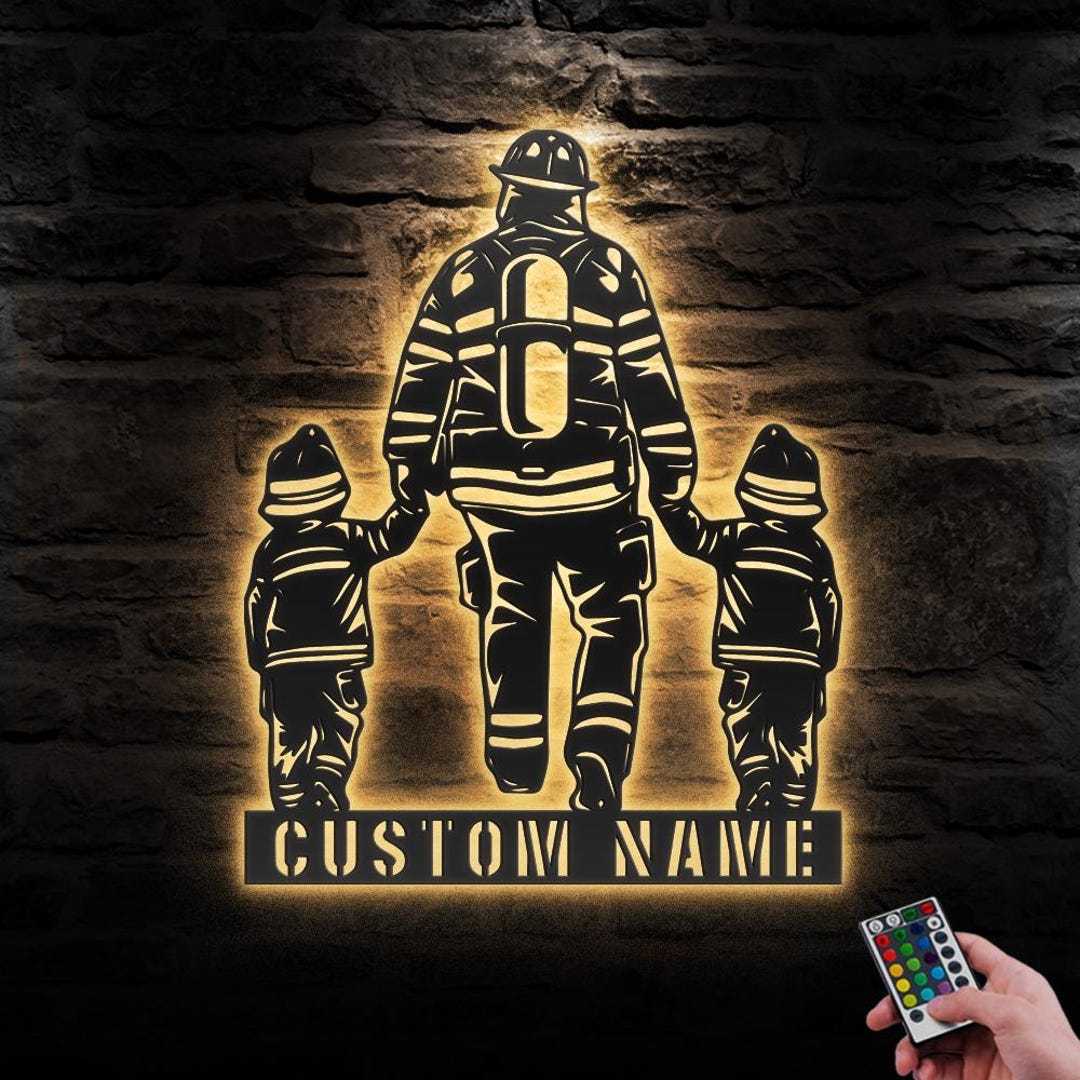 Custom Father Son Firefighter Metal Wall Art LED Light Personalized ...