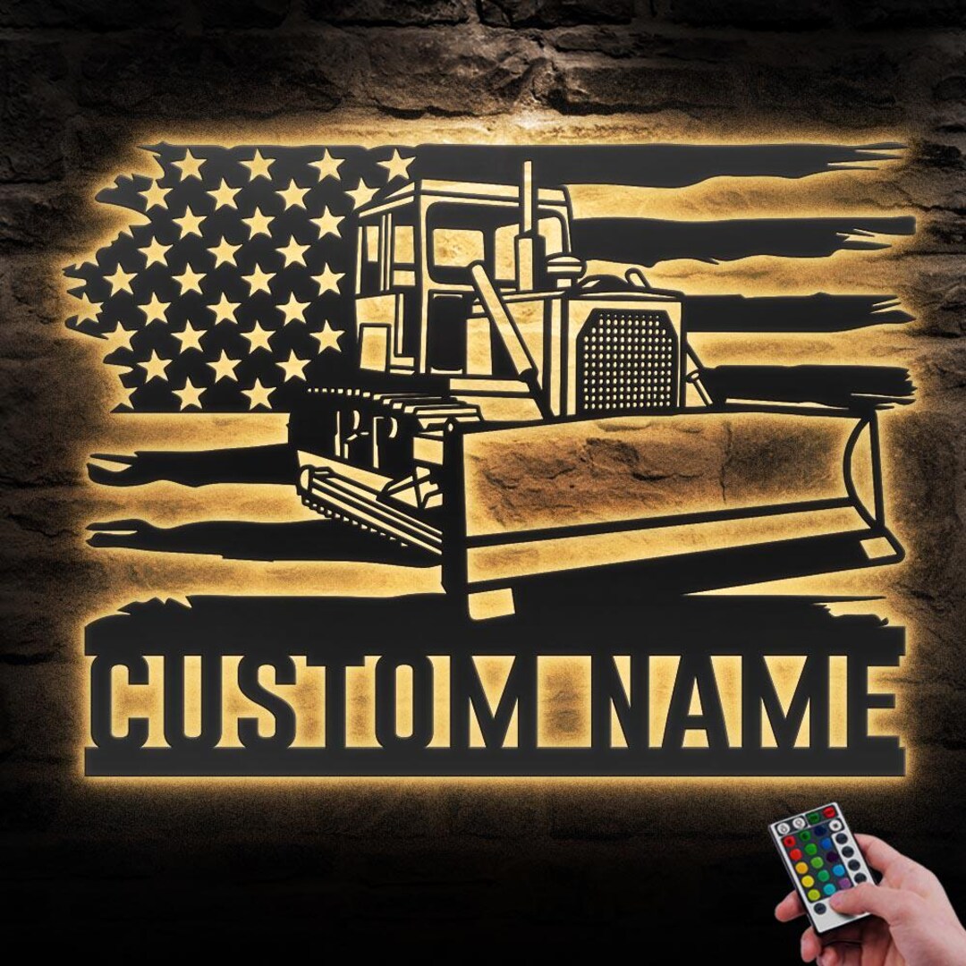 Custom US Bulldozer Driver Metal Wall Art LED Light Personalized Dozer ...