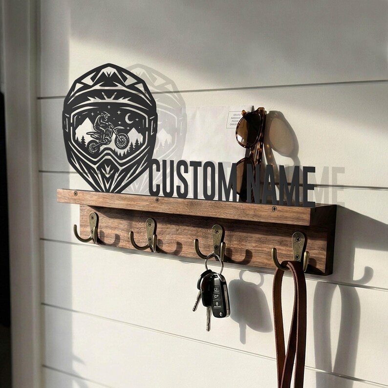 Custom Motocross Wooden Shelf Biker Helmet Metal Wall Art Personalized ...