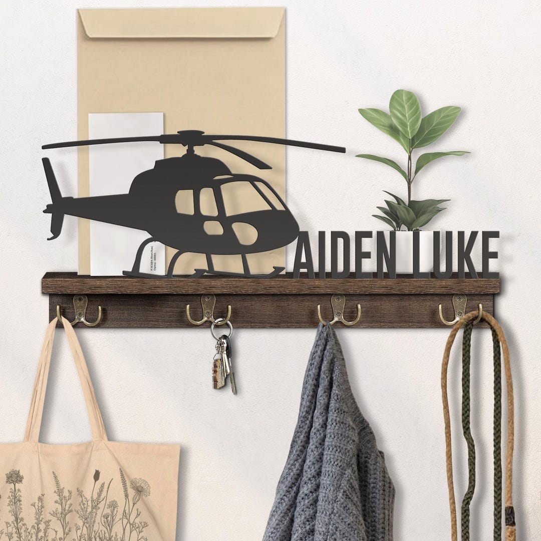 Custom Helicopter Wooden Metal Shelf With 4 Dual Hooks Personalized ...