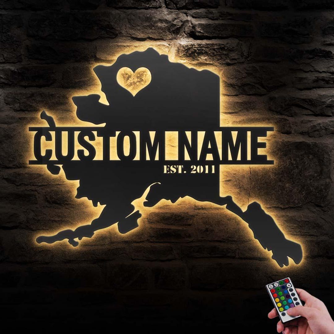 Custom Alaska Map Metal Wall Art LED Light Personalized Alaska State ...