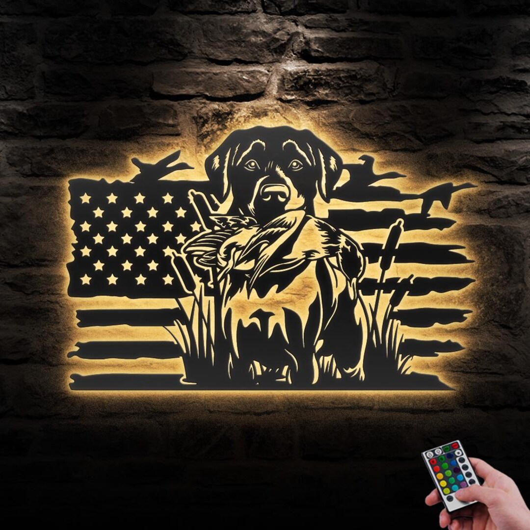Black Lab Dog Hunting US Flag Metal Wall Art LED Light Labrador ...