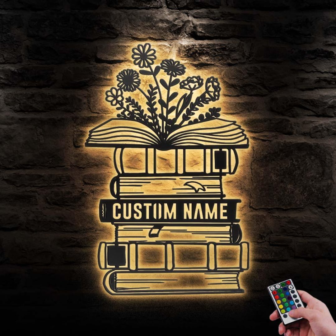 Custom Librarian Book Reading Metal Wall Art LED Light Personalized ...