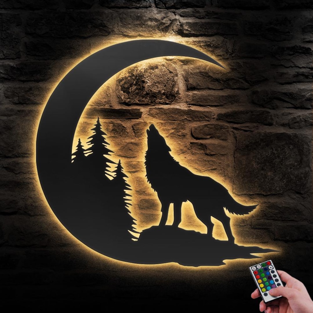 Wolf on the Moon Metal Wall Art LED Light Wolf Howling Sign Home Decor ...