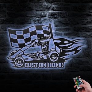 Custom Sprint Car Racing Flag Metal Wall Art LED Lights Personalized ...