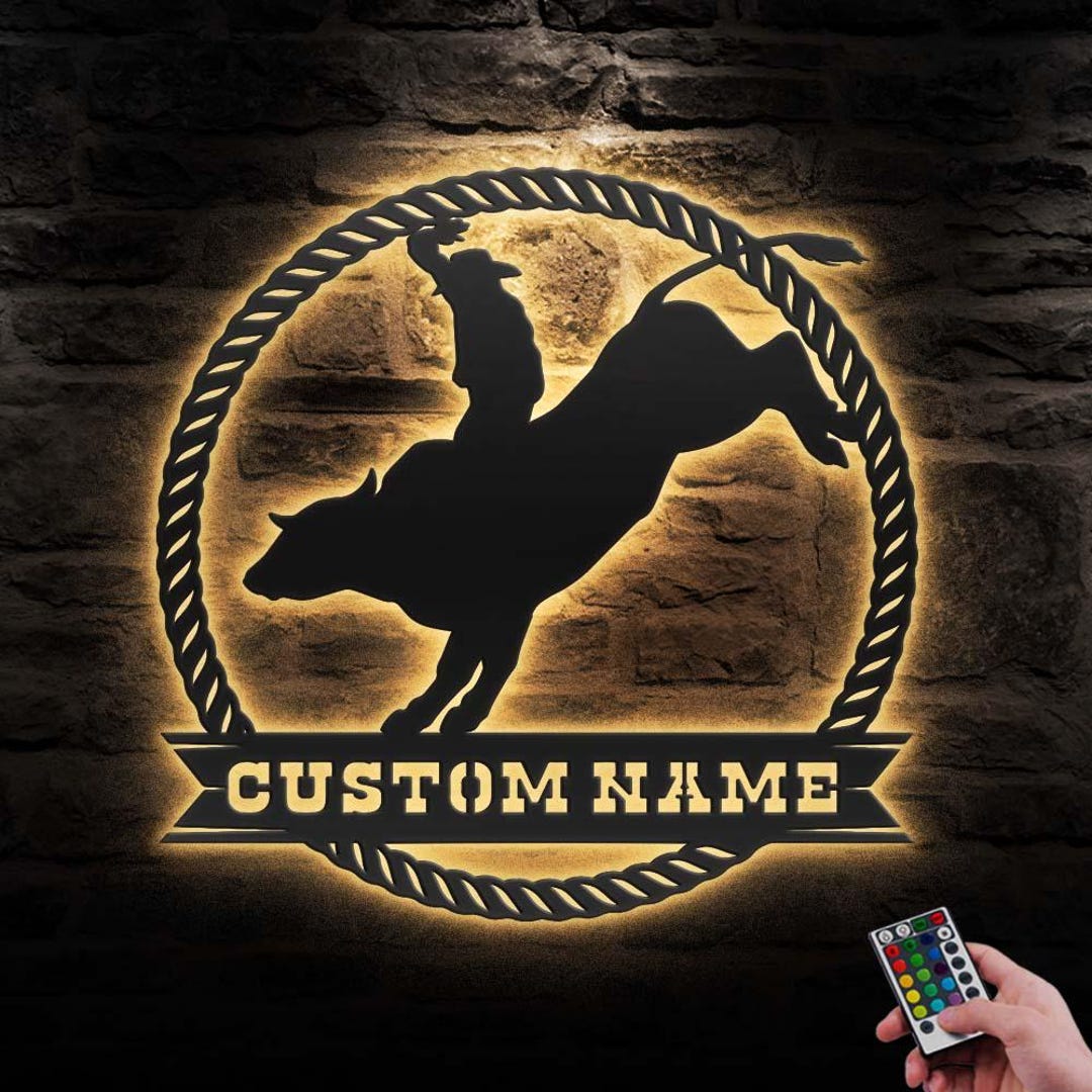 Custom Bull Rider Metal Wall Art LED Light Personalized Rodeo Name Sign ...