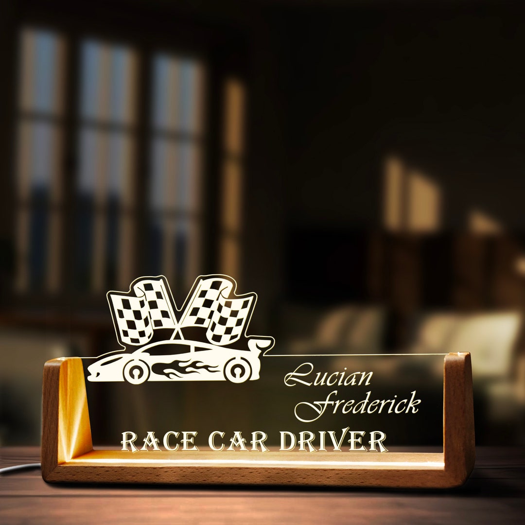 Custom Race Car Desk Name Plate Personalized Racing LED Light Wooden ...