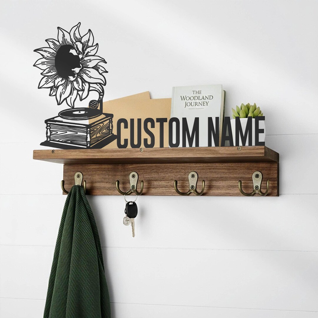 Custom Sunflower Vinyl Record Player Wooden Shelf Metal Wall Art Sign ...