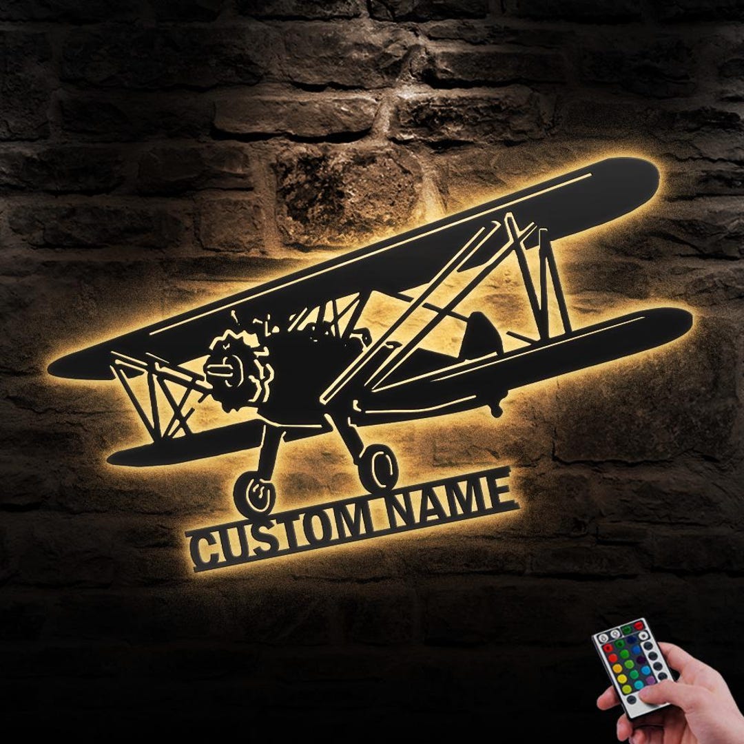 Custom Biplane Airplane Metal Wall Art LED Light Personalized Pilot ...