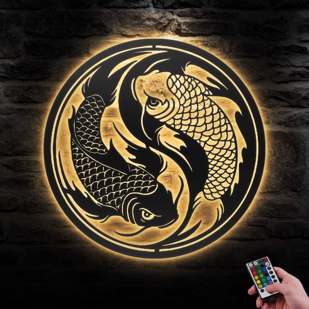 Yin Yang Koi Fish Metal Wall Art LED Light Couple Koi Fish Sign Home ...