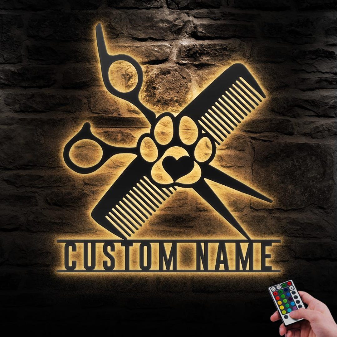 Custom Dog Grooming Hair Salon Metal Wall Art LED Light Personalized ...