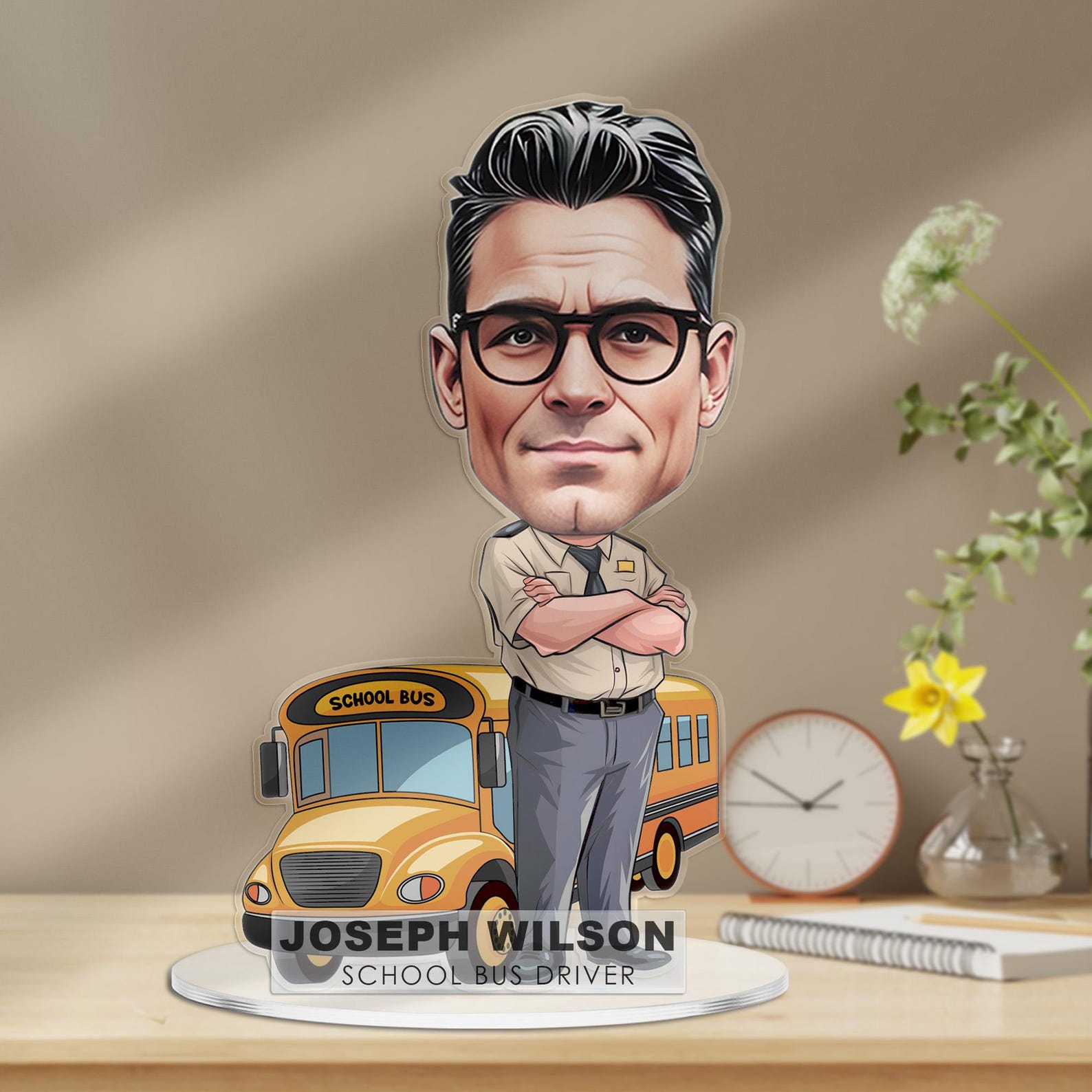 Custom School Bus Driver Figurine Trinket Caricature Portrait Desk Name ...