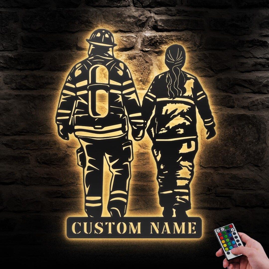 Custom Couple Firefighter Metal Wall Art LED Light Personalized Fireman ...