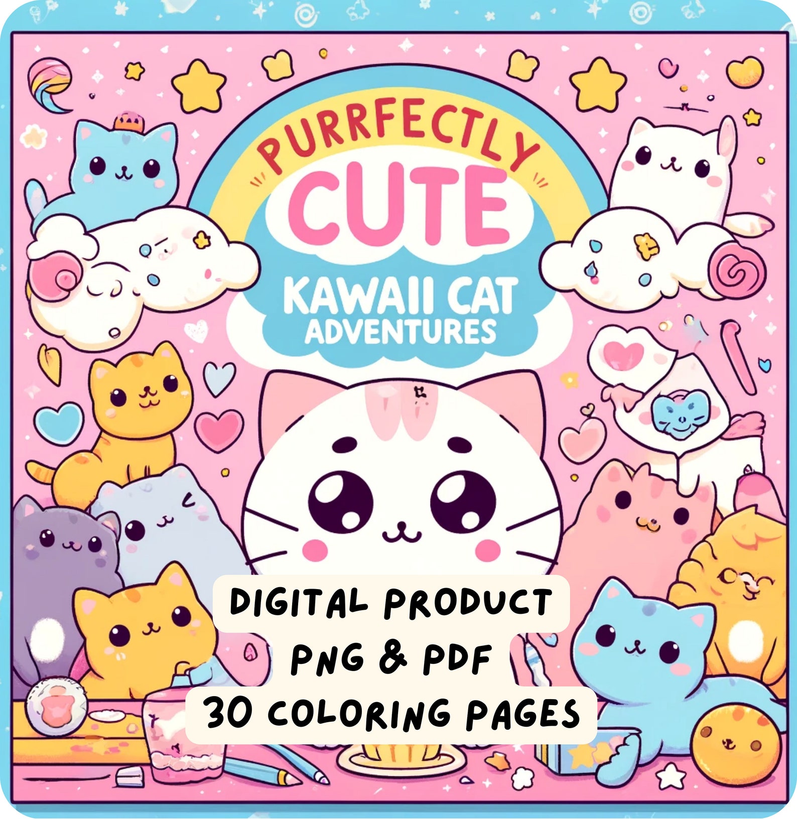 Kawaii Cat Adventures, 30 Digital Coloring Pages for Stress Relief ...