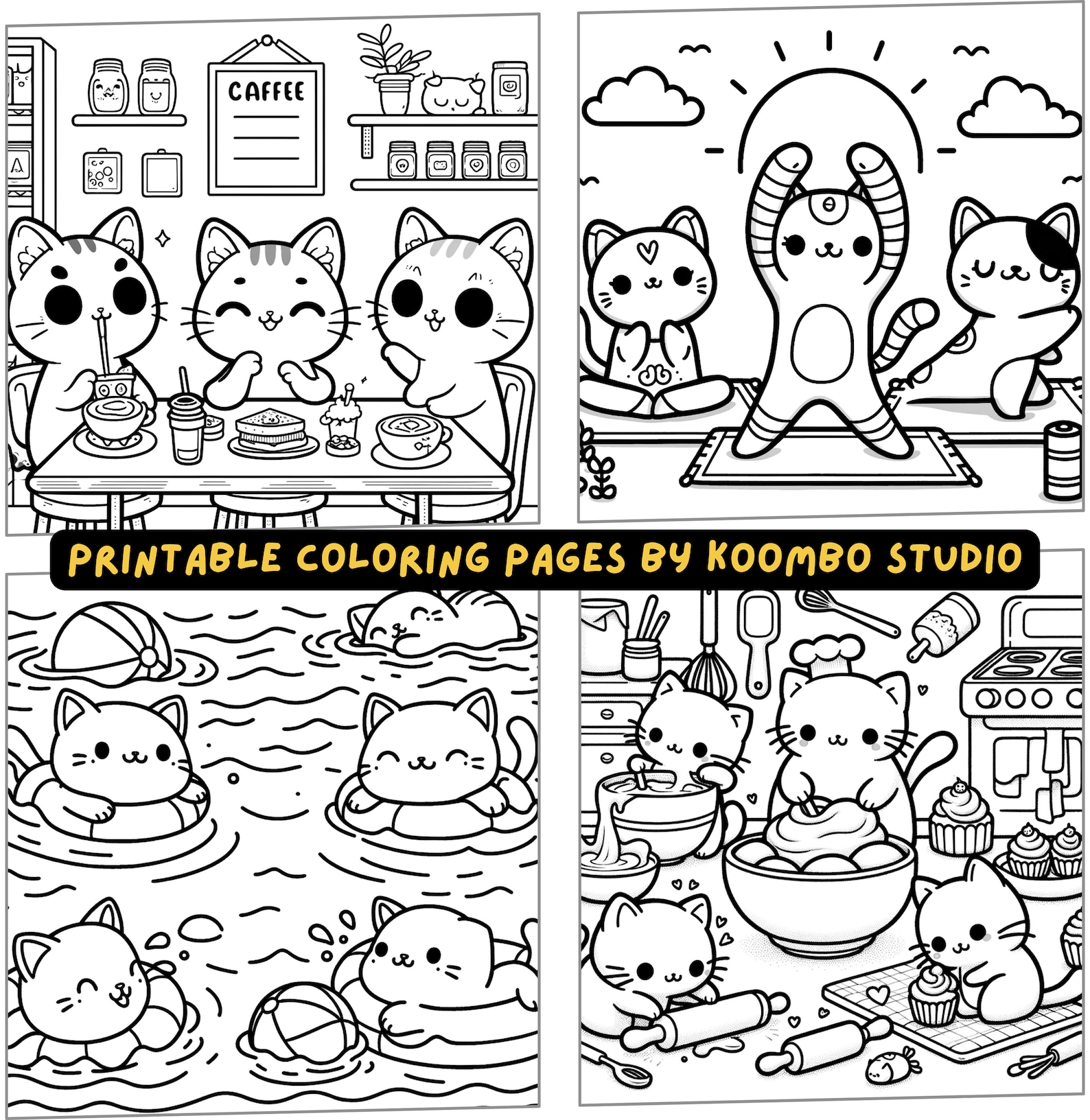 Kawaii Cat Adventures, 30 Digital Coloring Pages for Stress Relief ...