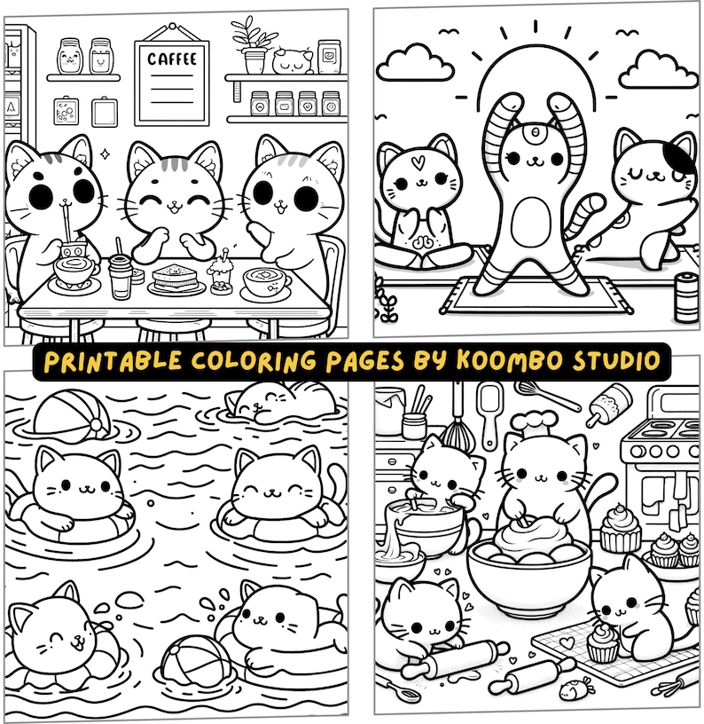 Kawaii Cat Adventures, 30 Digital Coloring Pages for Stress Relief ...