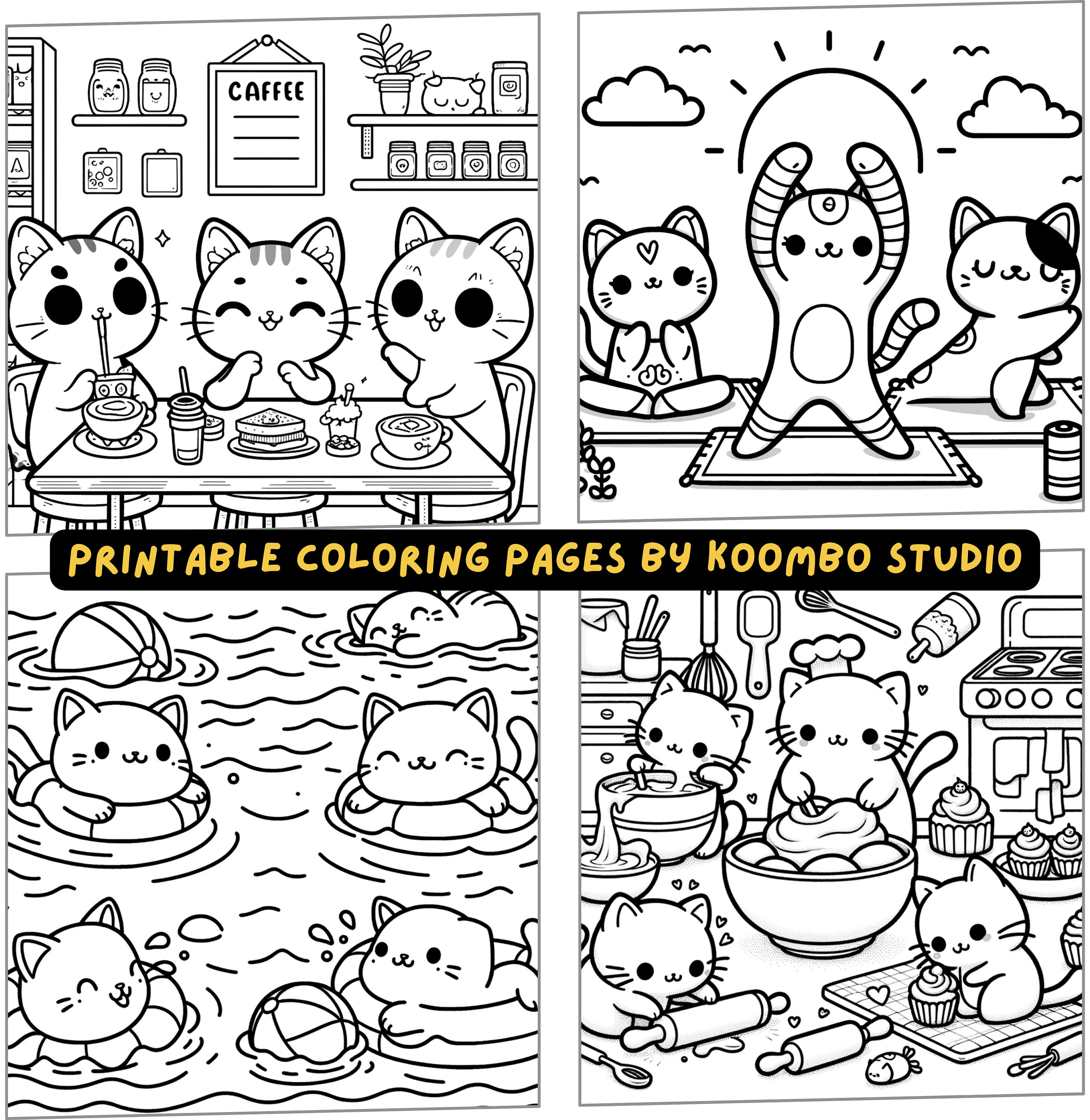 Kawaii Cat Adventures, 30 Digital Coloring Pages for Stress Relief ...