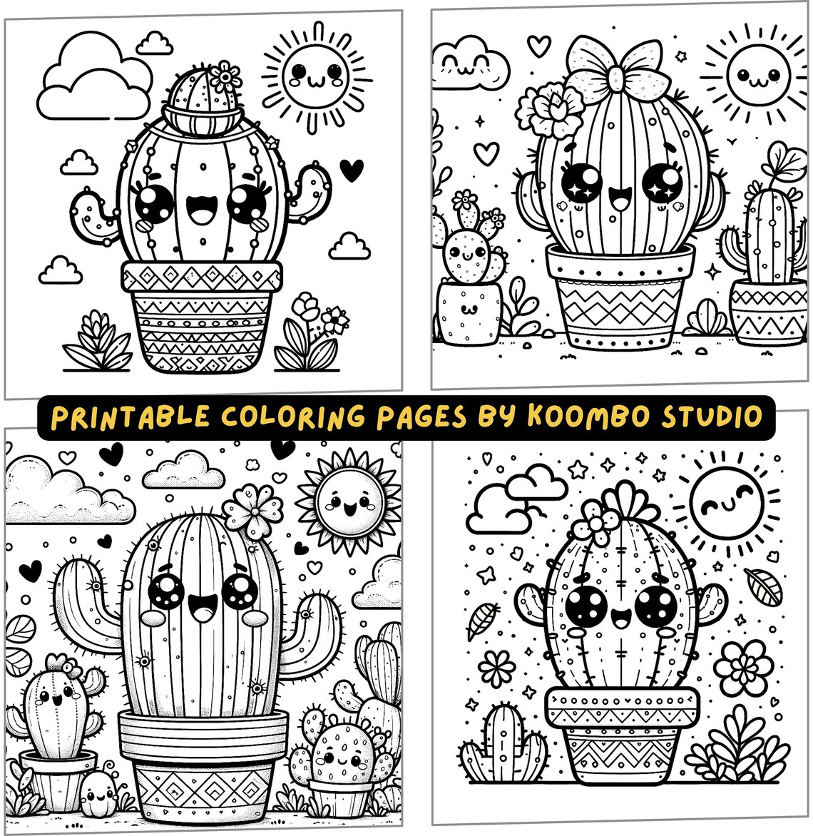 Cute Cactus Kawaii Coloring Pages 20 Pages Cute Coloring Pages for Kids ...