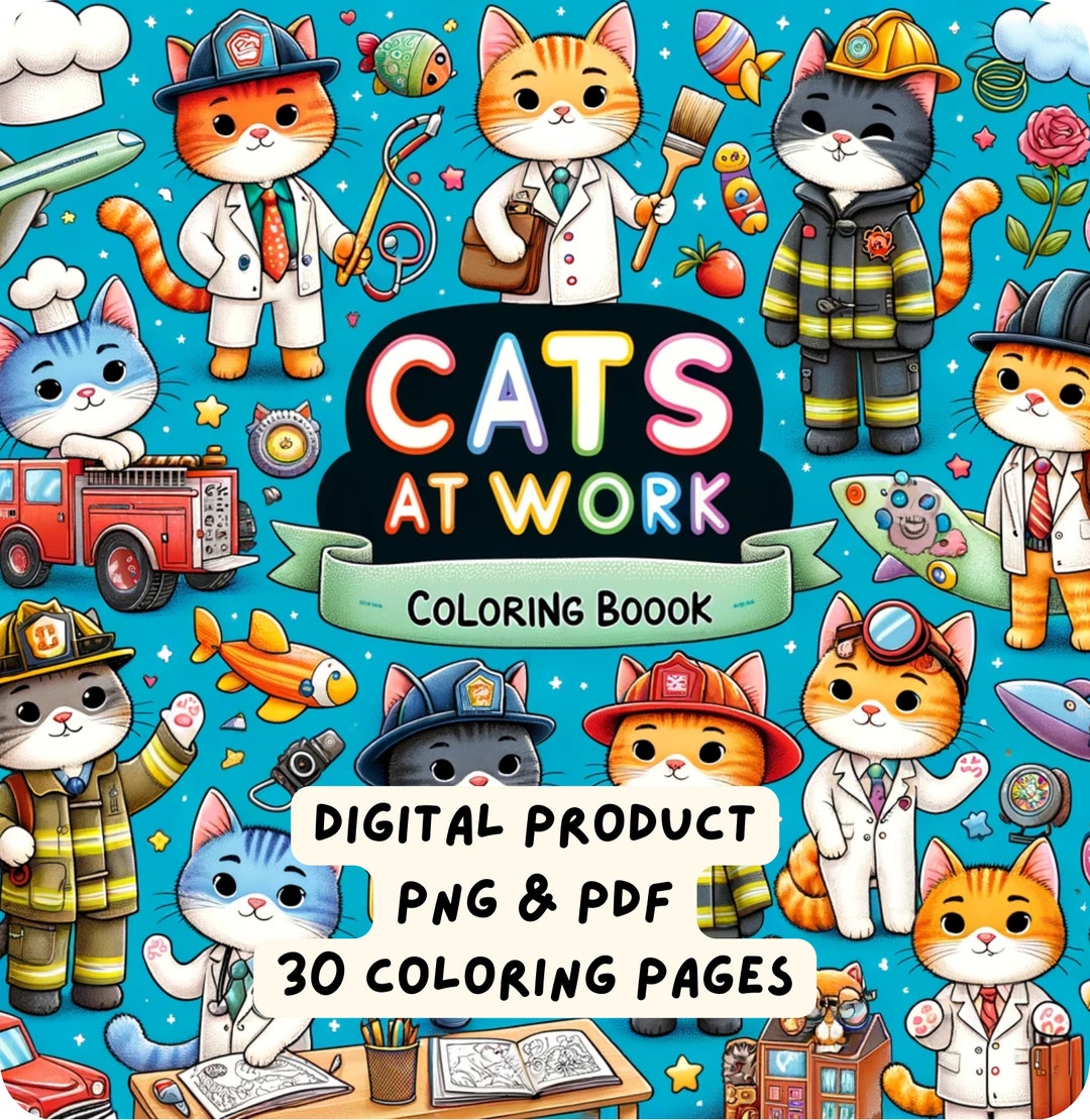 30 Cute Cats at Work Coloring Pages, Playful Digital Kids Activity ...