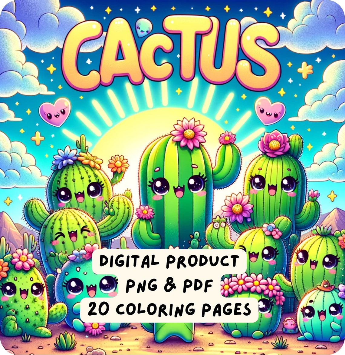 Cute Cactus Kawaii Coloring Pages 20 Pages Cute Coloring Pages for Kids ...