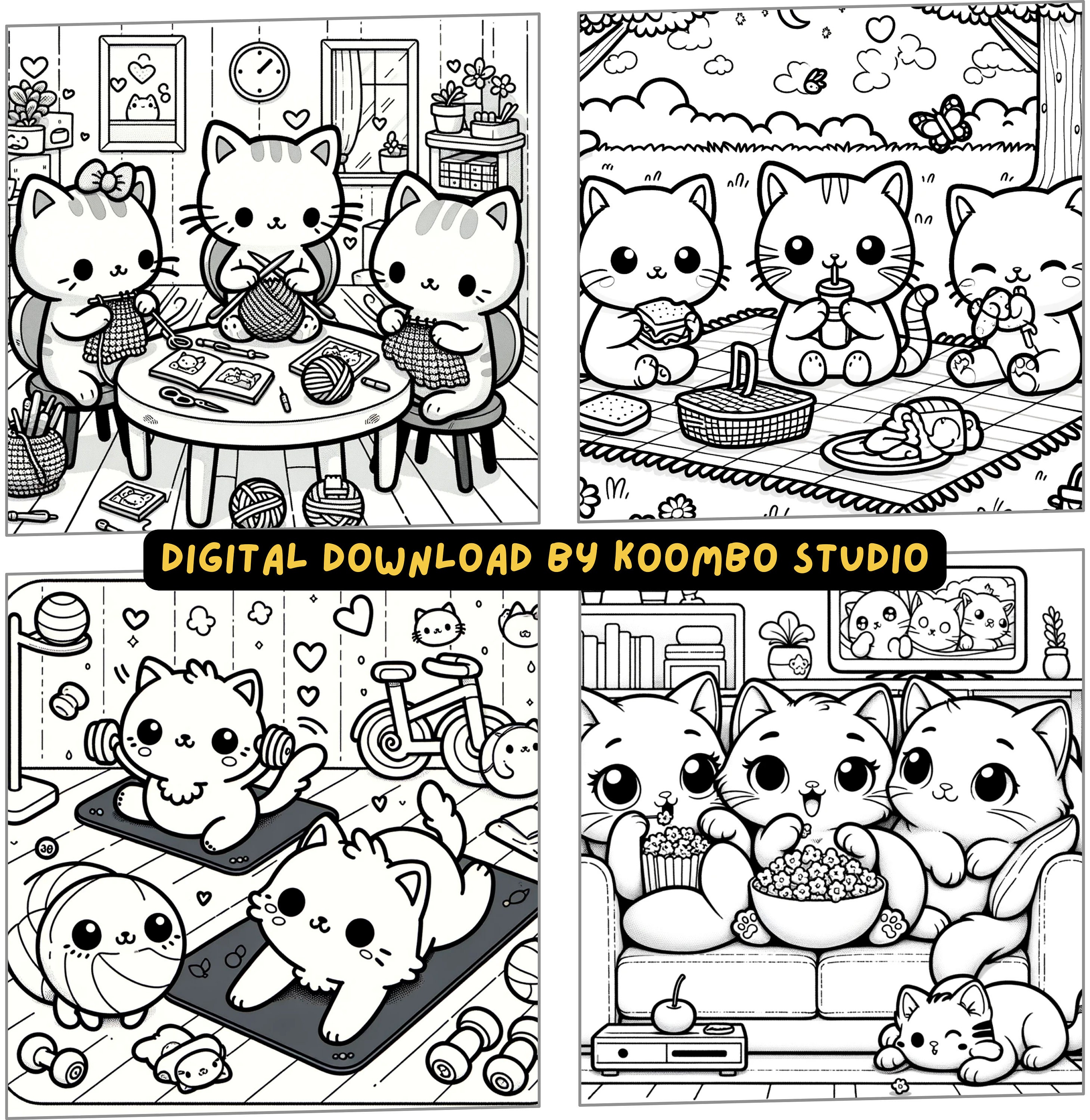 Kawaii Cat Adventures, 30 Digital Coloring Pages for Stress Relief ...