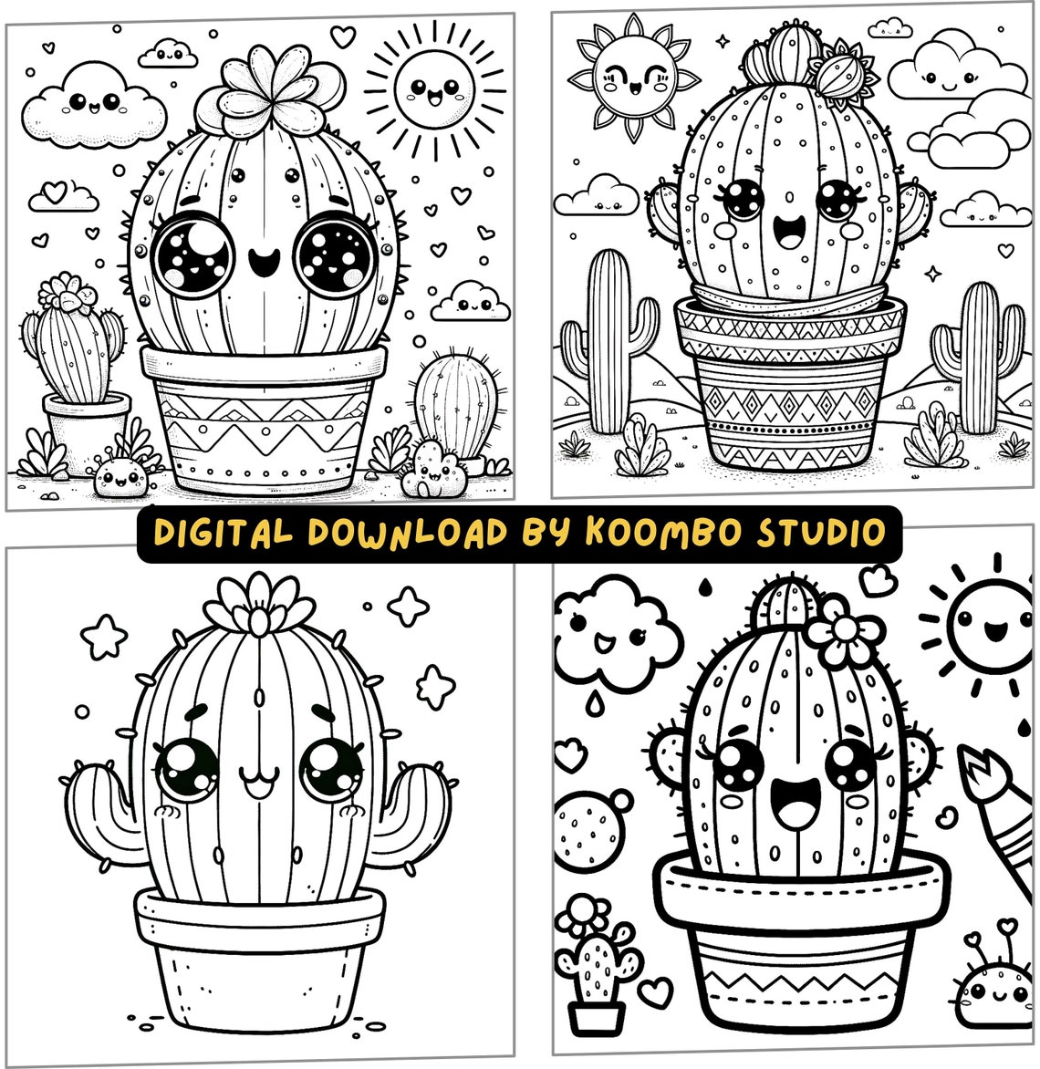 Cute Cactus Kawaii Coloring Pages 20 Pages Cute Coloring Pages for Kids ...