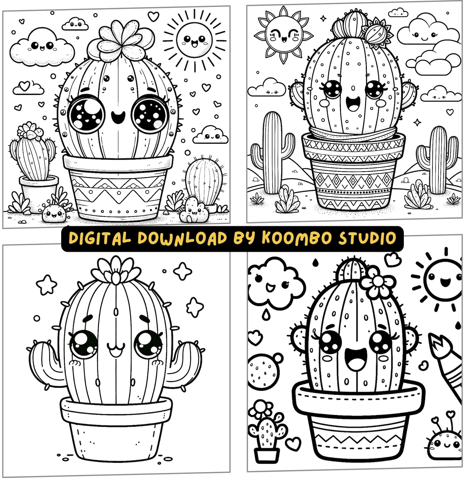 Cute Cactus Kawaii Coloring Pages 20 Pages Cute Coloring Pages for Kids ...